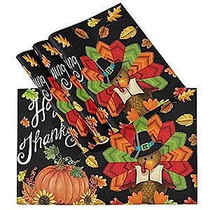 Wusikd Happy Thanksgiving Pumpkin Turkey Sunflower Placemats Set of 4 Table Mat Autumn Leaf Place Mat Non Slip Stain Heat Resistant Double-Sided Print 12" x 18" Dining Home Kitchen Table Decoration