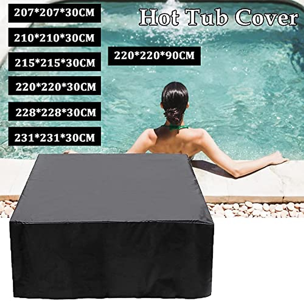 Klzzuk Waterproof Square Hot Tub Cover, UV-Resistant SPA Cover with Elastic Rope, Garden Hot Spring Bath Swimming Pool Furniture Dust Cover, 210D Oxford Cloth (220 * 220 * 90cm,Brown)