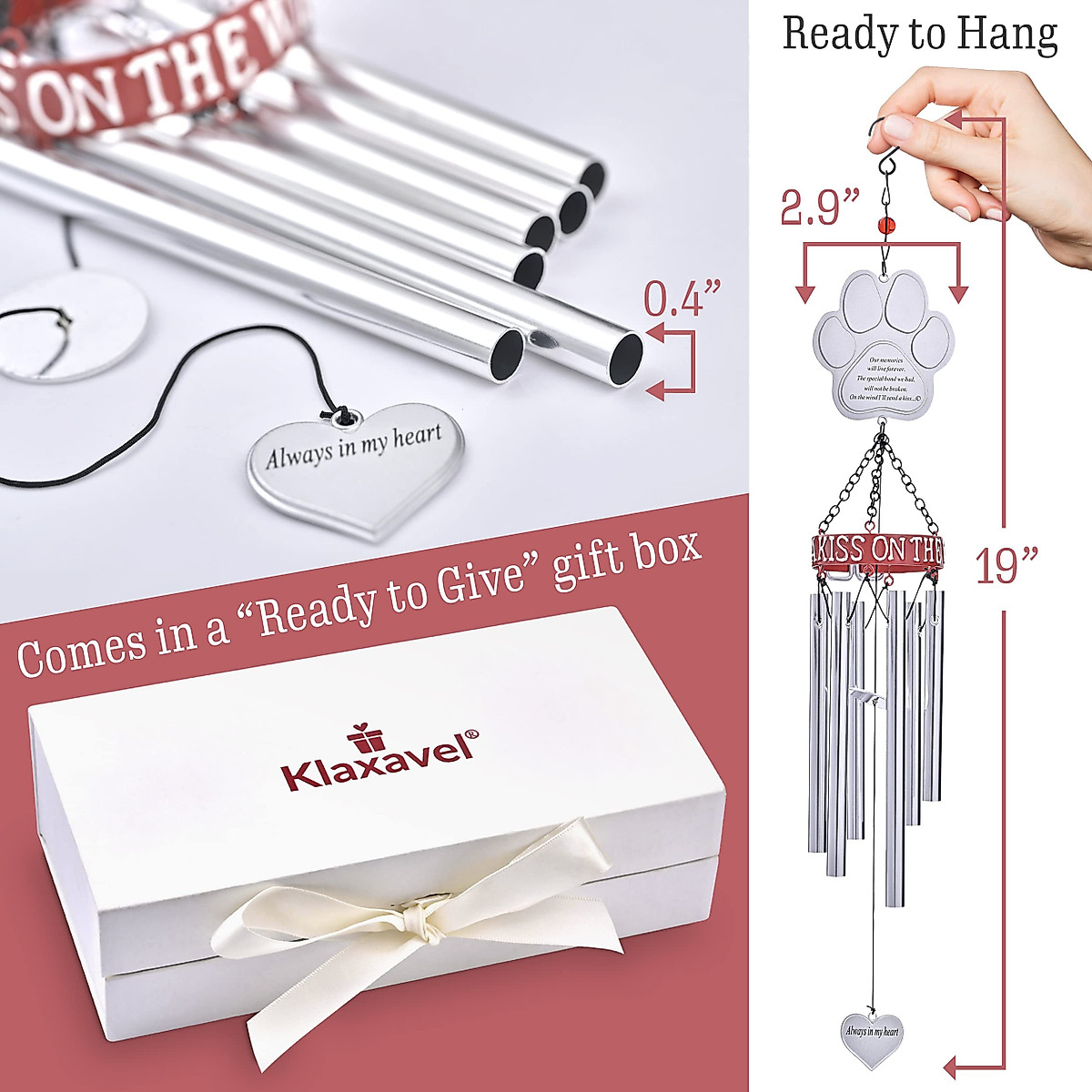 KLAXAVEL Pet Memorial Wind Chimes - 19" Rainbow Bridge Pet Memorial Gifts, Thoughtful Loss of Cat or Dog Gifts, Wind Chime with Poem and Red Collar, Durable Metal Outdoor Chimes Pet Sympathy Gift