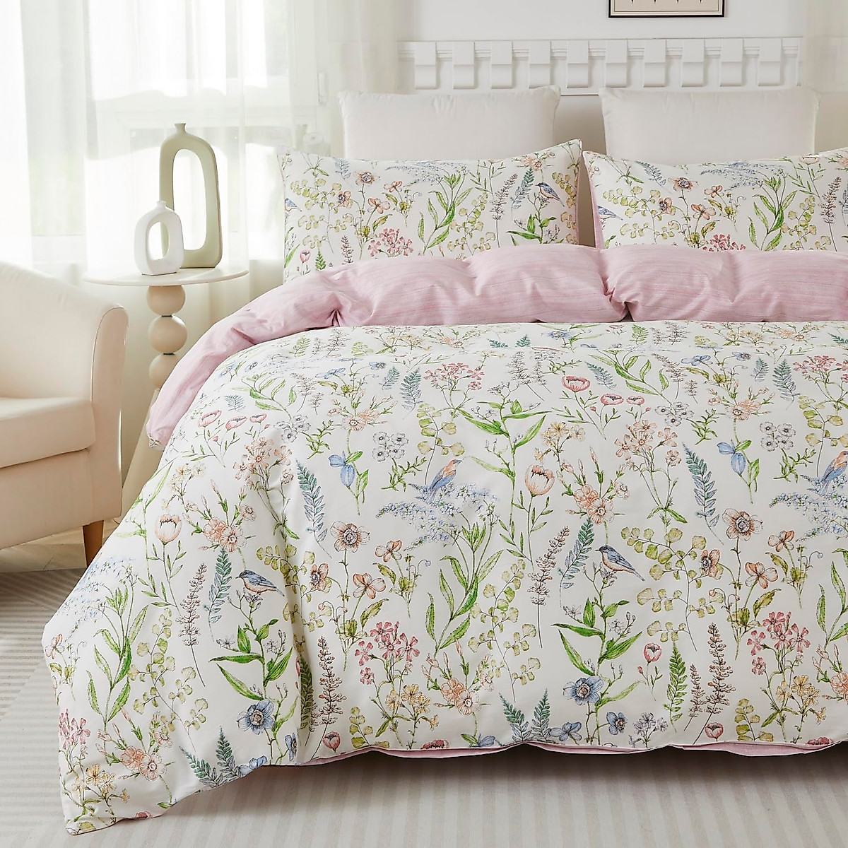 100% Cotton Pink Floral Duvet Cover Full Set -Green Leaf Floral Duvet Cover Sets,Soft & Breathable with Zipper Closure & Corner Ties,3pcs Garden Style Bedding Set- Spring Purple Red Rose Flower