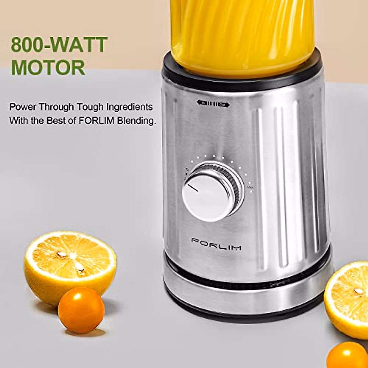 FORLIM Personal Blender for Shakes and Smoothies, Portable Smoothie Blender with 5 Speeds & Pulse,800-Watt, 8 Fins Turbo Blades, (2) 34 Oz + (1)12 Oz BPA-Free Tritan Travel Cups, (3) To-Go Lids, Stainless Steel Silver