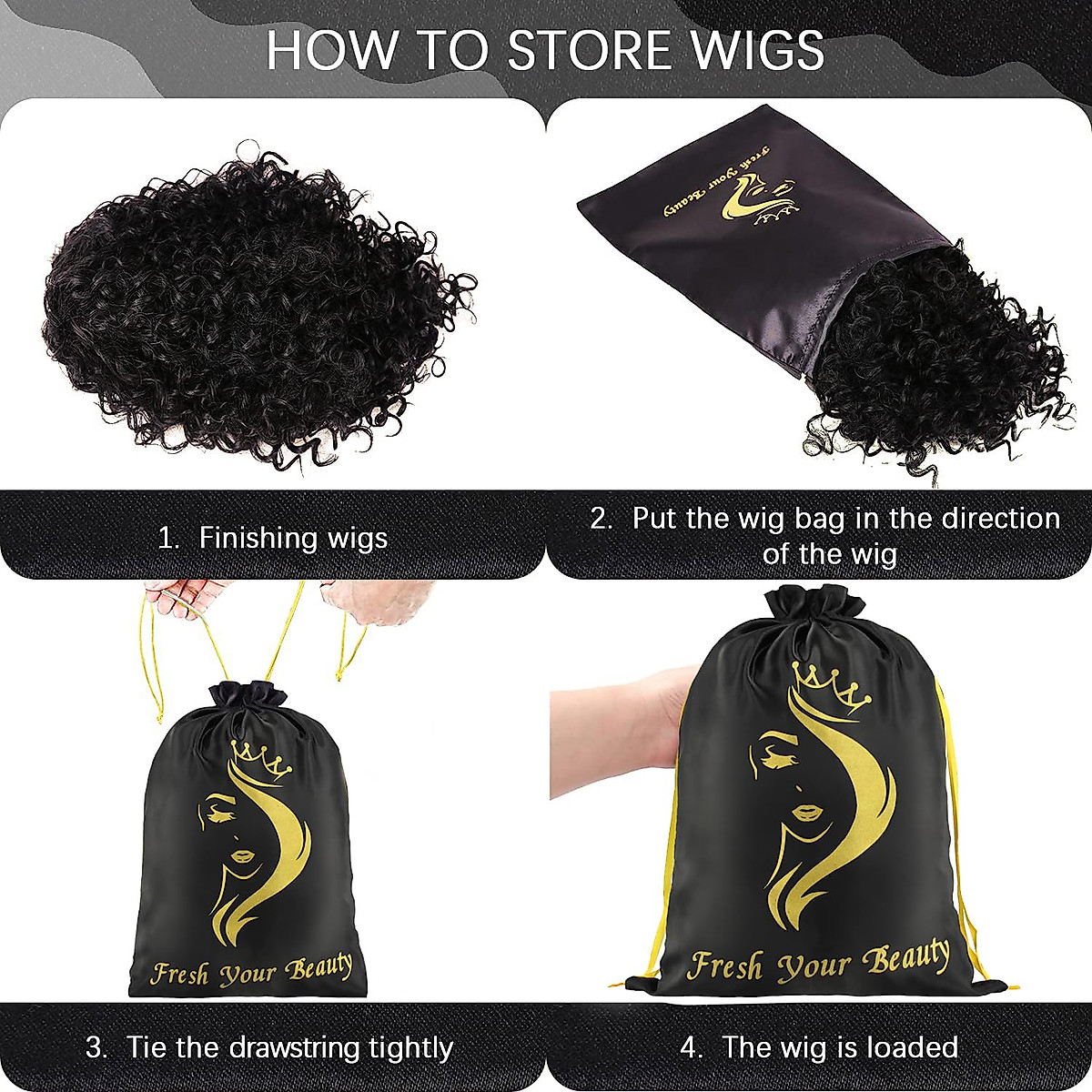 AIHOPESTO Silk Satin Bags Hair Packaging Bags For Bundles Soft Silk Satin Pouches with Drawstring Wigs Bags Hair Tools Storage Bags for Home and Salon Use (6 PCS Black)