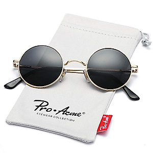 Pro Acme Small Round Polarized Sunglasses for Men Women Circle Retro Shades Metal Hippie Sunglasses UV400 (Gold Frame/Black Lens)