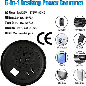 E-Macht 2 PCS of Desktop Power Grommet Outlet Conference Recessed Power Socket with AC Outlet, USB A/C(Type-C) & Replaceable Outlet(CAT 6, HDMI), 6 Ft Extension Cord for Home Office Library Table