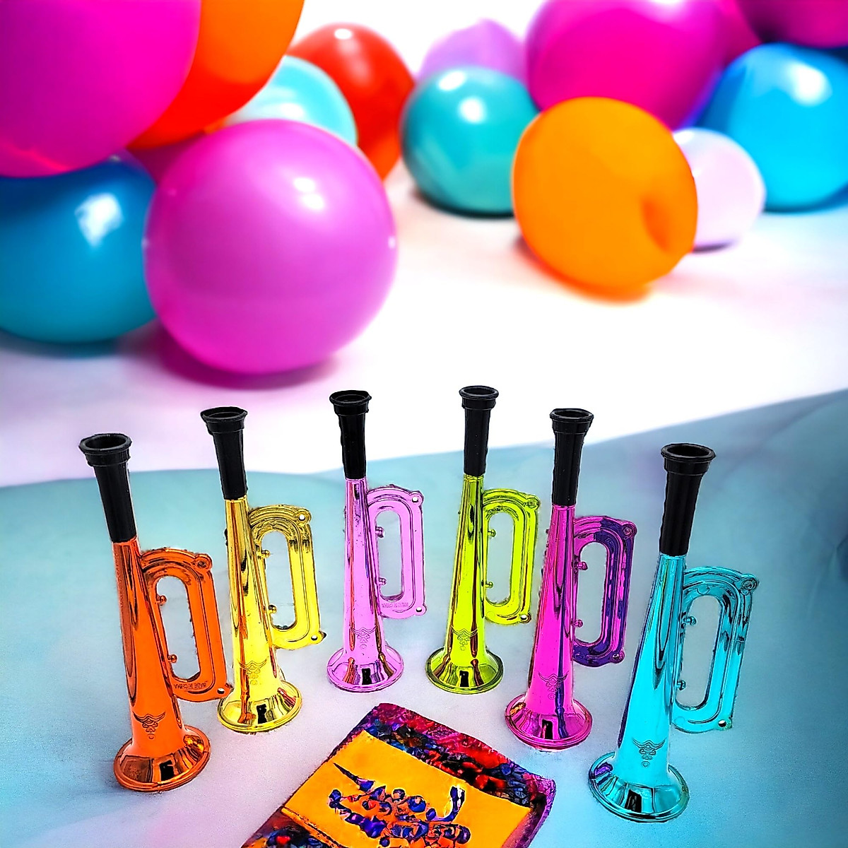 Metallic Trumpet Noise Makers - 12 Pack (7") Fun Mini Shiny Blow Horn Plastic Musical Noisemaker for New Year Birthday Party Favor, Sport School Graduation Events (Metallic Trumpets, 12, Pack)