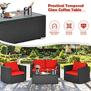 Tangkula 4 Piece Patio Rattan Conversation Furniture Set, Outdoor Wicker Sofa Set with Padded Cushion & Tempered Glass Coffee Table, Wicker Sectional Sofas and Table for Courtyard Balcony Garden