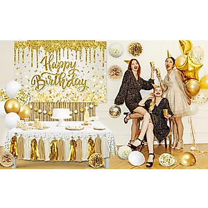 Gold Birthday Party Decorations Set Happy Birthday Decorations for Women Girls- Happy Birthday Banner Backdrop Gold and White Balloons Tassel Curtains Gold Dot Tablecloth Birthday Party Supplies