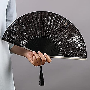 BICCQ Hand Held Folding Fan Chinese Classical Men's and Women's Portable Display Gifts (Gold,Silver) (Color : Silver)