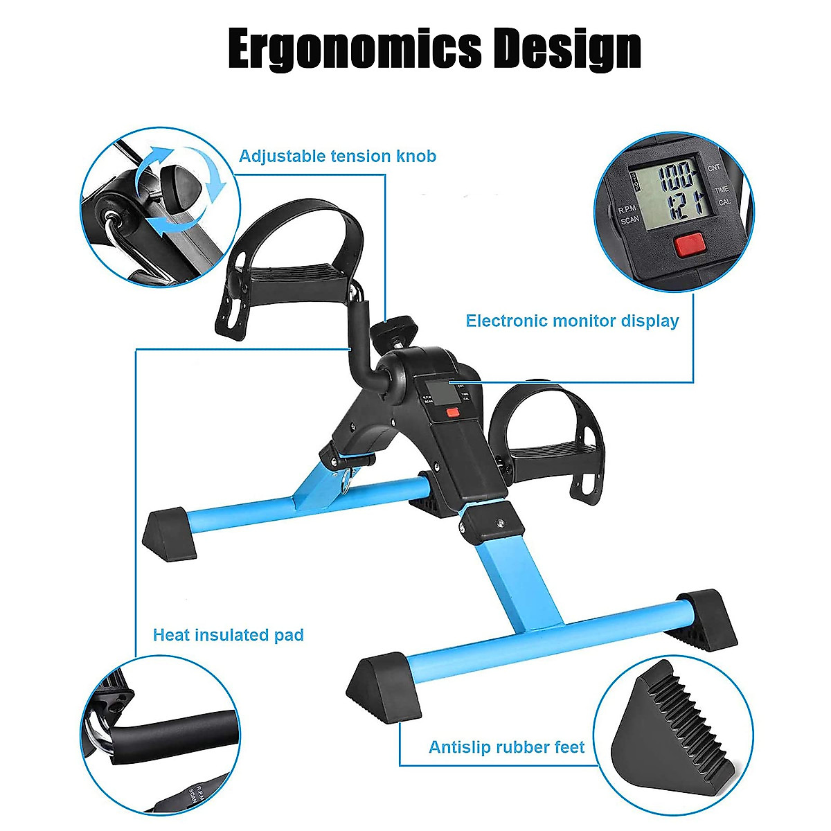 Pedal Exerciser Under Desk Bike with LCD Monitor Resistance for Seniors, Stationary Foldable Mini Exercise Bike Pedals Peddler Exerciser for Arms and Legs for Office or Home (Blue)