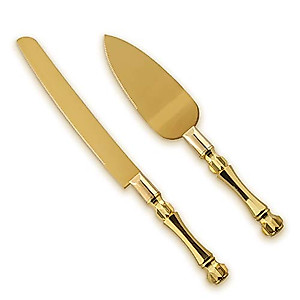 Homi Styles Wedding Cake knife and Server Set | Elegant Gold Color Plastic Handles And Premium 420 Stainless Steel Titanium gold plated Blades | Cake & Pie Serving Set for Wedding,Birthdays, Parties