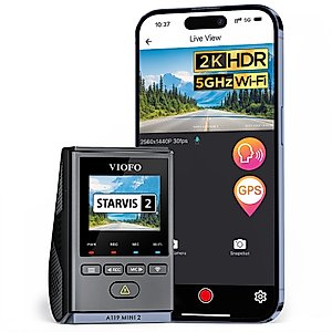 VIOFO Dash Cam A119 Mini 2, STARVIS 2 Sensor, 2K 60fps/HDR 30fps Voice Control Car Dash Camera with 5GHz Wi-Fi GPS, Night Vision 2.0, 24H Parking Mode, Supercapacitor, Support 512GB Max
