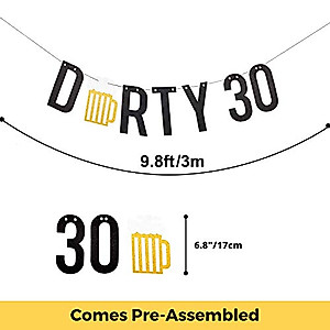 Dirty 30 Birthday Decorations - Black & Gold Glitter Beer Banner - 30th Birthday Decorations for Him - Happy 30th Birthday - 30 Birthday Decorations for Men - Dirty Thirty Birthday Party Supplies