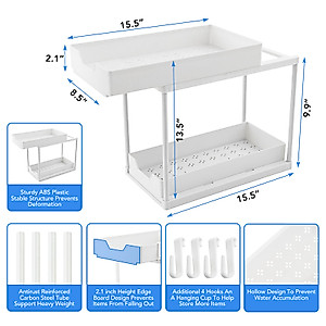 2-Tier Under Sink Organizer Storage, Double Sliding Under Cabinet Basket Organizer with 2 Pull Out Drawers & 4 Hooks, Multi-Purpose Under Shelf Organizer for Bathroom Kitchen (White, 2 Pack)