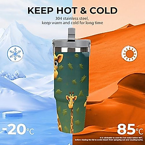 30oz Stainless Steel Insulated Tumbler with Flip Lid & Straw, Leakproof Travel Mug for Car, Cartoon Giraffe Double Wall Vacuum Thermal Coffee Cup with Handle, Spill-Proof Design for Hot/Cold Drinks