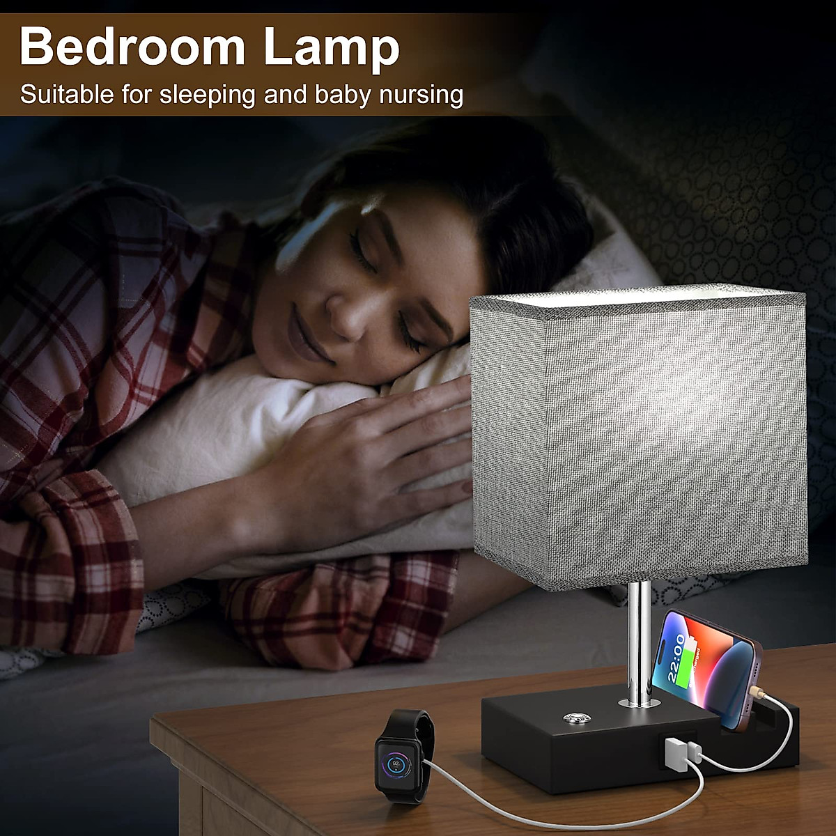 aooshine Touch Lamp with USB C+A Charging Ports-Table Lamp for Bedroom with 3 Levels Brightness(Low/Medium/Hight), 3 Way Dimmable Bedside Nightstand Lamp with 2 Phone Slots (Include Bulb)