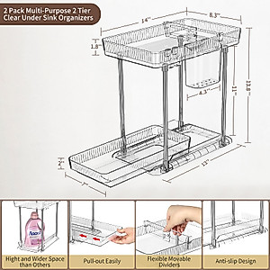2 Tier Bathroom Cabinet Under Sink Organizers and Storage Clear, Multi-Purpose Kitchen Pantry Organization and Storage, Pull Out Medicine Cabinet Organizer Storage with Movable Dividers & Cups, 2 Set