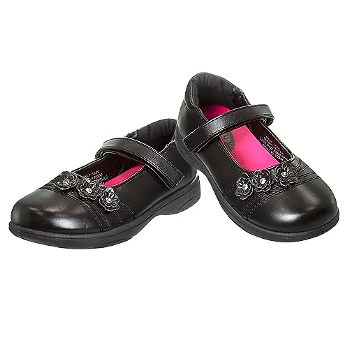 Josmo Petalia Girls Mary Jane Shoes School Kids Uniform Ballet Strap Slip-On Dress Flats - Black Flowers (Size 2 Big Kid)
