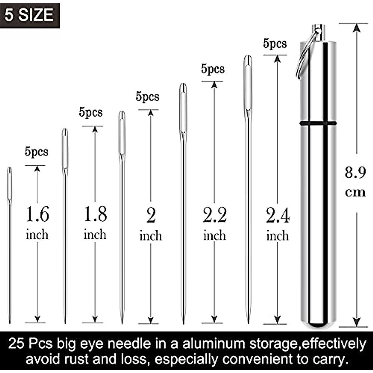 KYUEWRT 25 Large Eye Embroidery Needles-5 Sizes Big Eye Hand Sewing Needles in Aluminum Storage Tube
