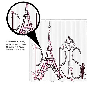 Amagical Paris Tower Eiffel with Paris Lettering Pink Flowers Couple Trip Print 16 Piece Bathroom Mat Set Shower Curtain Set Bath Mat Contour Mat Toilet Cover Shower Curtain 12 Hooks