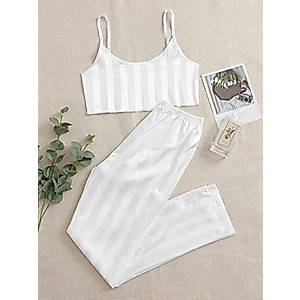 WDIRARA Women's Satin Striped Cami Top and Pants Soft Sleeveless Pajama Lounge Set White L