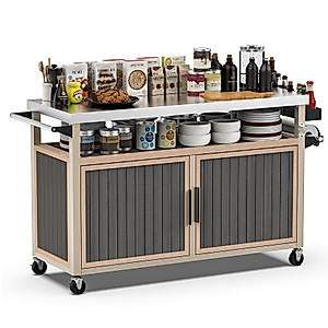 Skyflame Outdoor BBQ Storage Cabinet with Wheels, XL Stainless Steel Tabletop Grill Cart for Food Prep, Portable Kitchen Island Grilling Accessory for Patio, Backyard, Home Party, Bar