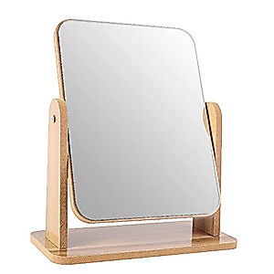 LOTIKO Natural Wooden Vanity Makeup Mirror,7 Inch Single Sided 360 Degree Swivel Mirror,Portable Removable Countertop Private Room High-Definition Desk Mirror(Square)