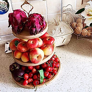 3 Tier Tray ,Bamboo Tier Serving Stand ,Farmhouse Tiered Tray Decor with Metal Brackets Kitchen, Cupcake Stand,Coffee Table, Cake and Party Round Tray