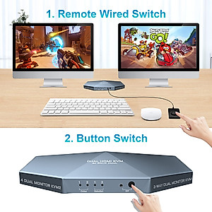 Dual Monitor HDMI 2.0 KVM Switch 2 Port Extended Display 4K@60Hz, USB KVM Switch HDMI 2 in 2 Out with Audio Microphone Output and 3 USB 2.0 Hub, 2 HDMI Monitors 2 Computers Switch, with 2 USB Cables