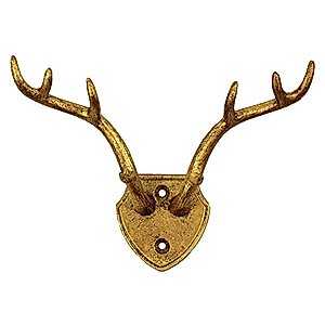 Hline Living Cast Iron Hooks Deer Antler Wall Mounted Hook, Heavy Duty Vintage Metal Wall Hooks, Rustic Decor Antique Hanging Hook for Coat, Key, Bag, Towel, Scarf in Entryway, Bedroom, Bathroom, Gold