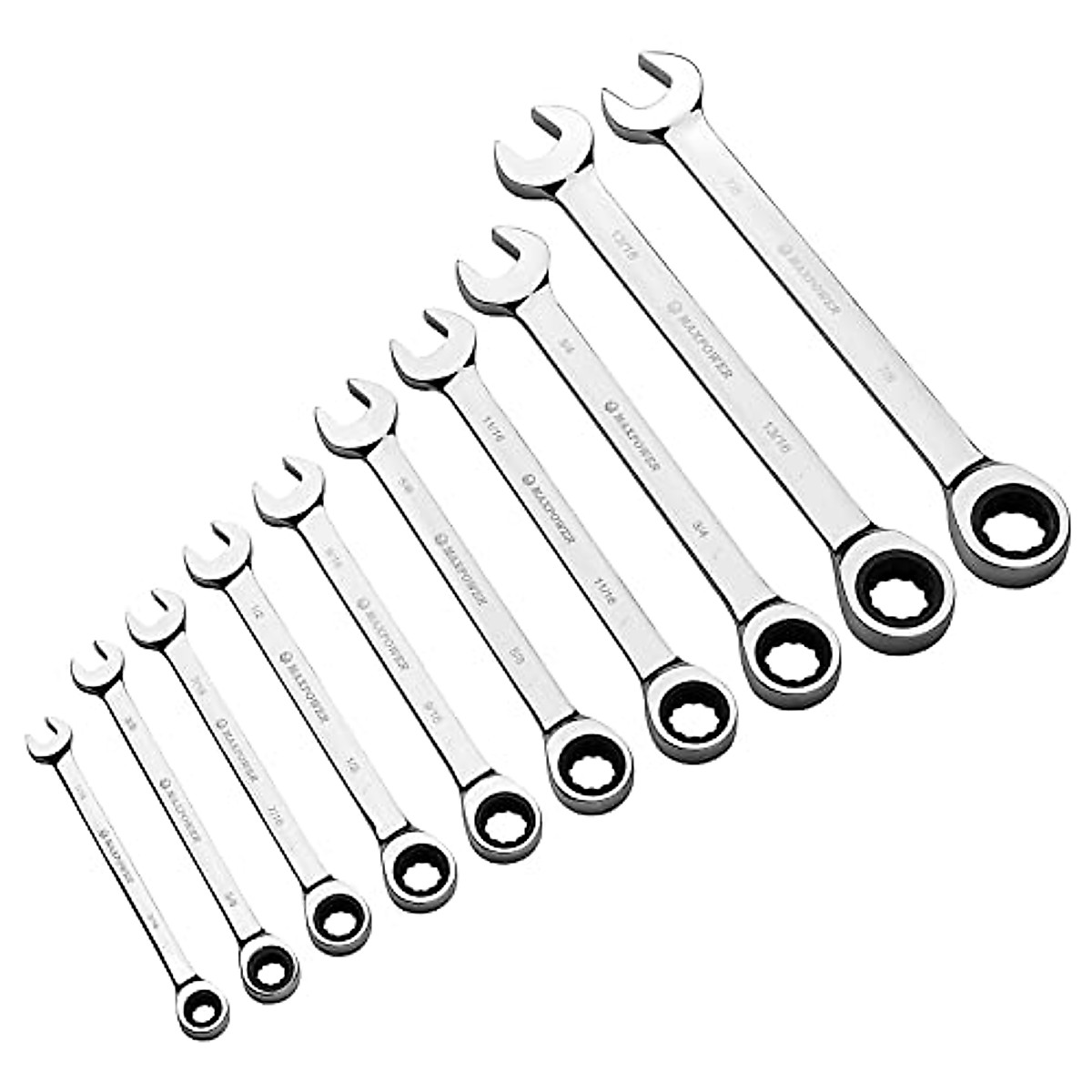 MAXPOWER 10PCS Ratcheting Combination Wrench Set, Professional Open and Box End Gear Spanners with Mirror Finish, Made with Forged and Heat-Treated Cr-V Steel, Include Roll-up Storage Pouch, SAE