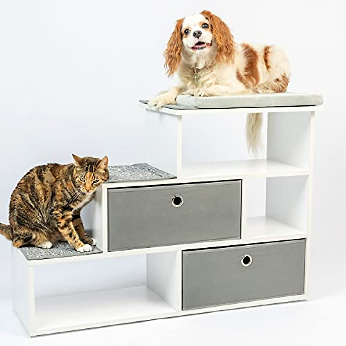 PetFusion Pet Step Window Perch Bookshelf w/ Storage Baskets |28” Tall Dog & Cat Perch, 8” Stair Height |Multi-Functional Modern Pet Furniture w/ Carpeted Step Pads & 1” Thick Premium Foam Perch Pad