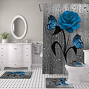 HOOHAA Rose Flower with Butterfly Shower Curtain Sets with Rugs, Toilet Lid Cover and Bath Mat Simple Floral Pattern Modern Bathroom Home Decor Pack of 4 (Blue)