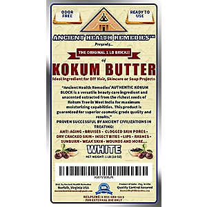 ANCIENT HEALTH REMEDIES Cosmetic Grade, PURE KOKUM BUTTER JAR/BLOCK. Bulk, Odor Free Alternative to Raw, Soft Butters. Ideal Hard Base for DIY Balms, Creams, Candle and Hand Creams (INDIA) (16ozBar)