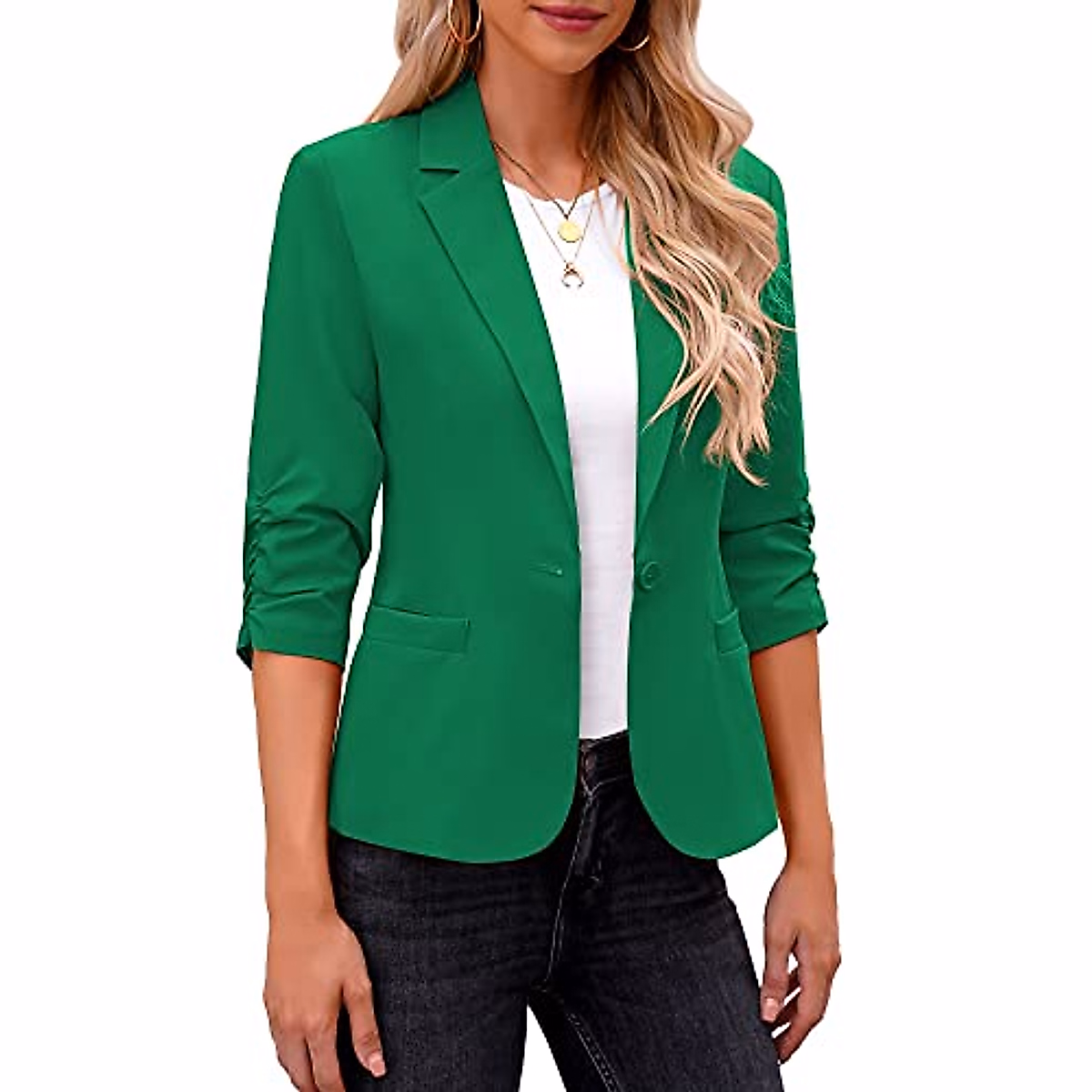 LookbookStore Jackets for Women Fashion Dressy 3/4 Sleeve Blazer for Women Blazers for Women Business Casual Summer Jackets for Women Lightweight Fashion Green Size Large Fits Size 12 / Size 14