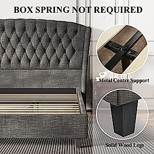 Jocisland Upholstered Bed Frame King Size Wingback Platform Bed Frame Tufted and Headboard Tall Linen Bed Frame/No Box Spring Needed/Wood Slat (Dark Grey)