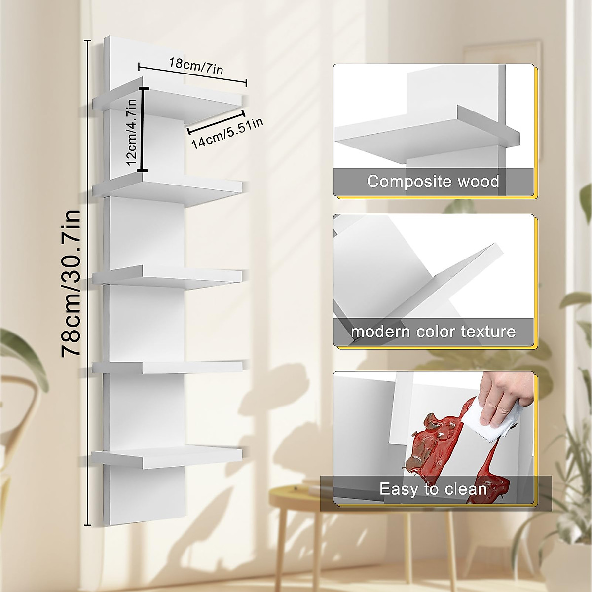 5 Tier Wall Shelf Unit - Narrow Smooth Laminate Finish - Vertical Column Wall Decor Mount Floating Storage Home Decor Organizer Tall Tower Utility Shelf for Bedrooms, Bathrooms，Living Rooms(White)