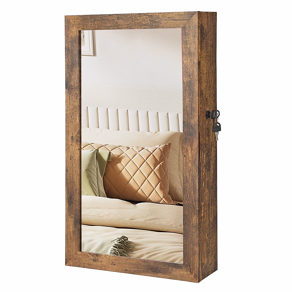SONGMICS Lockable Jewelry Cabinet Armoire with Mirror, Wall-Mounted Space Saving Jewelry Storage Organizer, Rustic Brown UJJC051K01