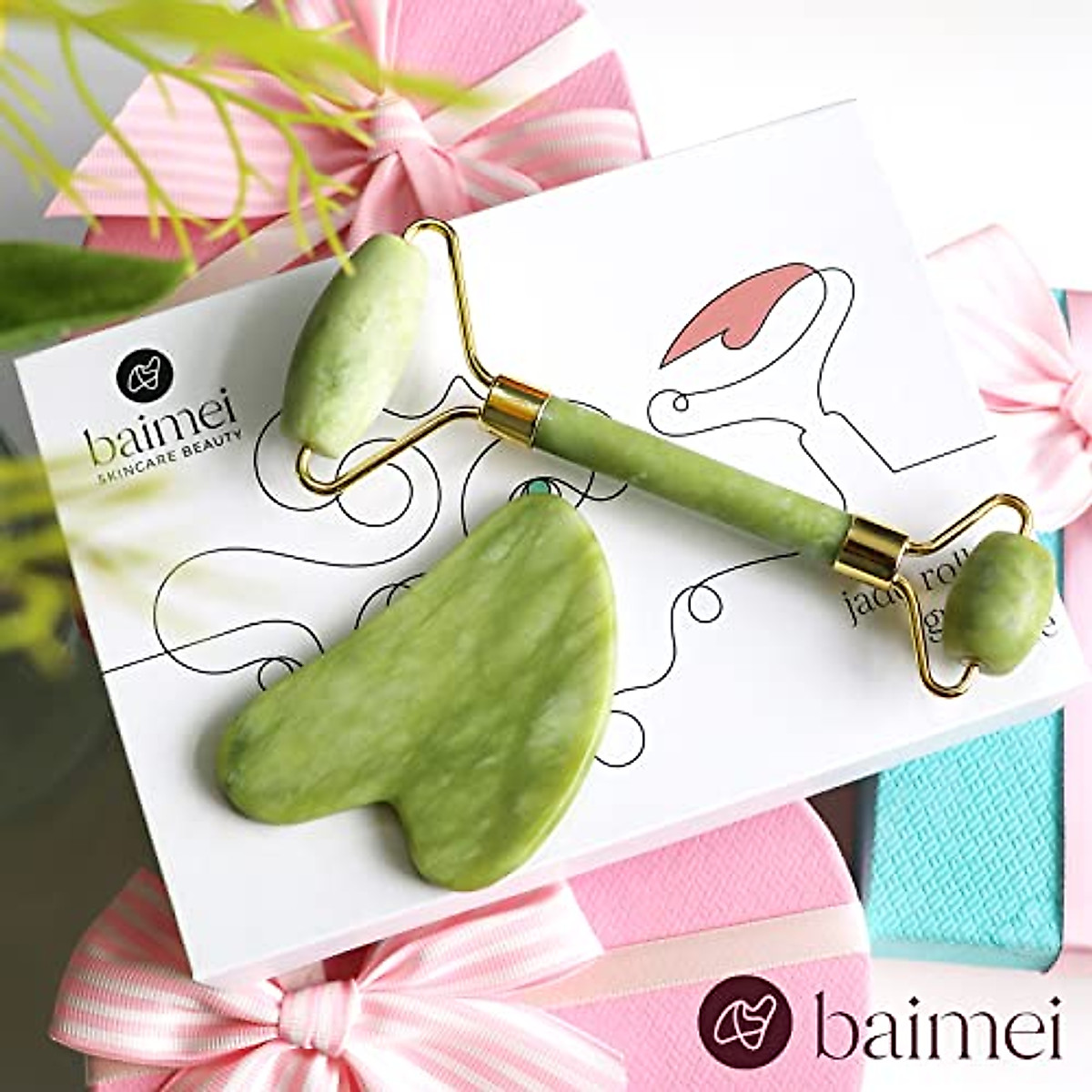 BAIMEI Jade Roller & Gua Sha, Face Roller, Facial Beauty Roller Skin Care Tools, Self Care Gift for Men Women, Massager for Face, Eyes, Neck, Relieve Fine Lines and Wrinkles - Green