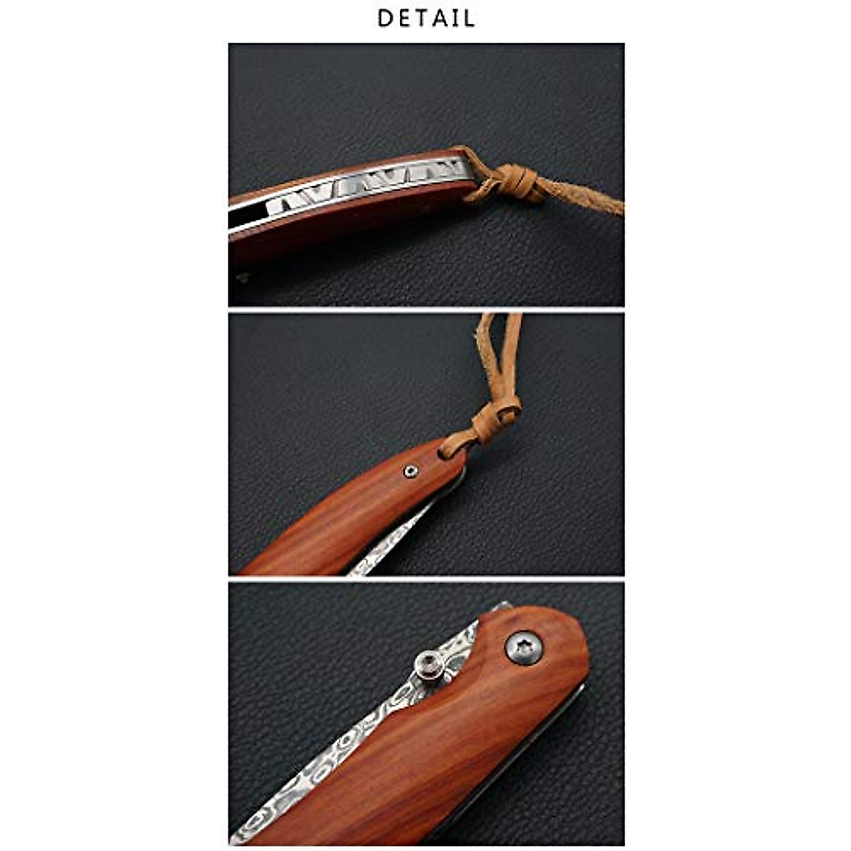 KUNSON Folding Pocket Knife 2.6” Damascus Steel Blade and Natural Classic Red Sandalwood Handle Design, Outdoor EDC Portable Carry Keychain Knife
