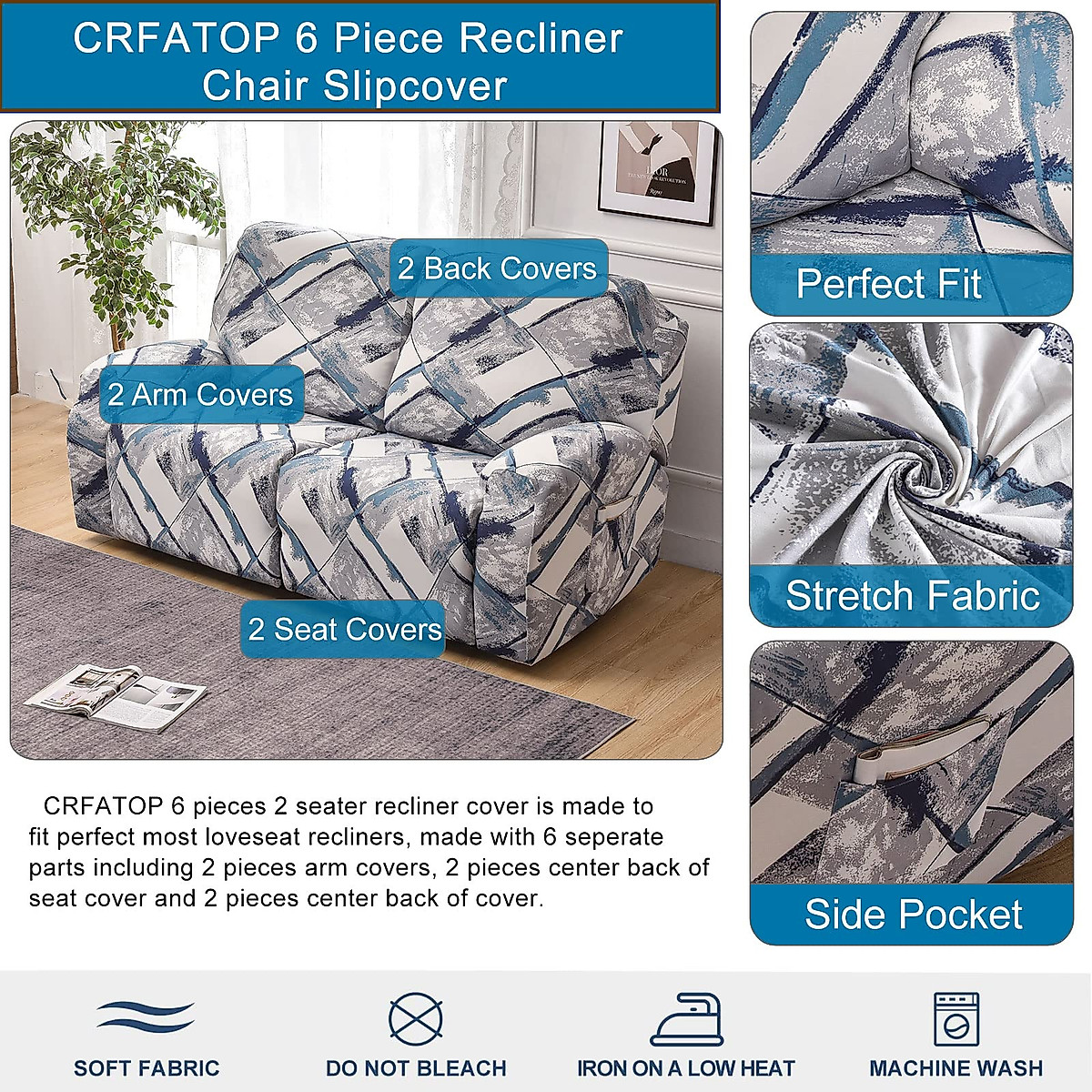 CRFATOP Stretch Recliner Loveseat Slipcover with Pockets 6 Pieces Dual Sectional Recliner Sofa Covers for 2 Seat Reclining Loveseat Couch Cover Washable Furniture Protector for Kids,11