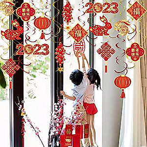 Chinese New Year Decoration Hanging Swirls, 30Pack 2023 Year of rabbit Ornaments Chinese Fu Character Décor Chinese Spring Festival Party Supplies