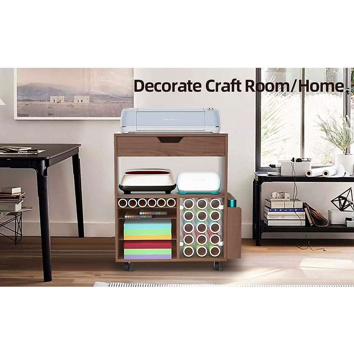 Storage Cart Organizer Compatible with Cricut Machines,Rolling Craft Cart with Extra 12 Vinyl Roll Holders,Crafting Organizer Desk Cabinet Workstation for Craft Room Home