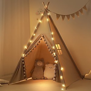 RONGFA Kids-Teepee-Tent with Lights &Large Pompoms & Carry Bag, Machine Washable Teepee Tent for Kids Indoor Tent, Foldable Toddler Tent for Kids -Toddler Teepee Tent for Girls & Boys（Without Mat）