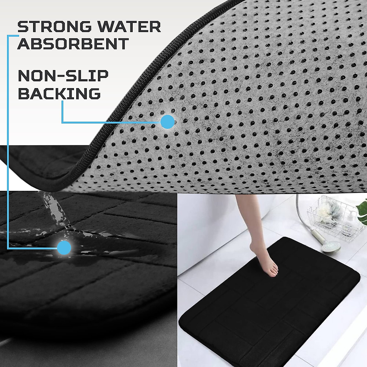 Effiliv Bathroom Rug Set 5 Piece - Memory Foam Bathroom Mat Set, Soft and Comfortable, Non-Slip Thick Absorbent Bath Mats, Machine Washable, Black