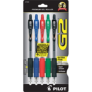 Pilot, G2 Premium Gel Roller Pens, Extra Fine Point 0.5 mm, Pack of 5, Assorted Colors