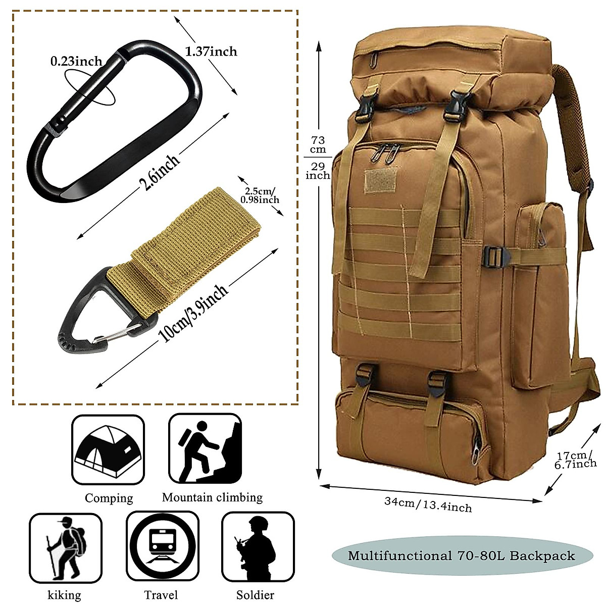 70L Waterproof Hiking Daypack Large Hiking Backpack, Hunting Camping Rucksack Backpack for Men Outdoor Sports Backpack (Yellow)