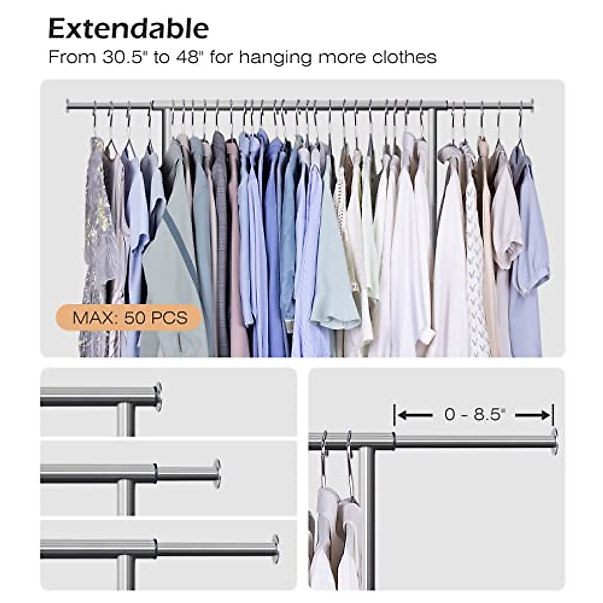 MISSLO 2 Shelves Clothing Racks for Hanging Clothes Hanger Rack Rolling Garment Rack Heavy Duty Metal Wardrobe Rack, Silver