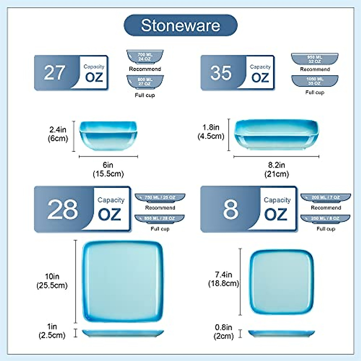 LOVECASA Square Dinnerware Sets for 4, 16 PCS Gradient Dishes Set,Stoneware Dinner Plates/Dessert Plates/Soup Plates/Cereal Bowls,Gradient Sky Blue
