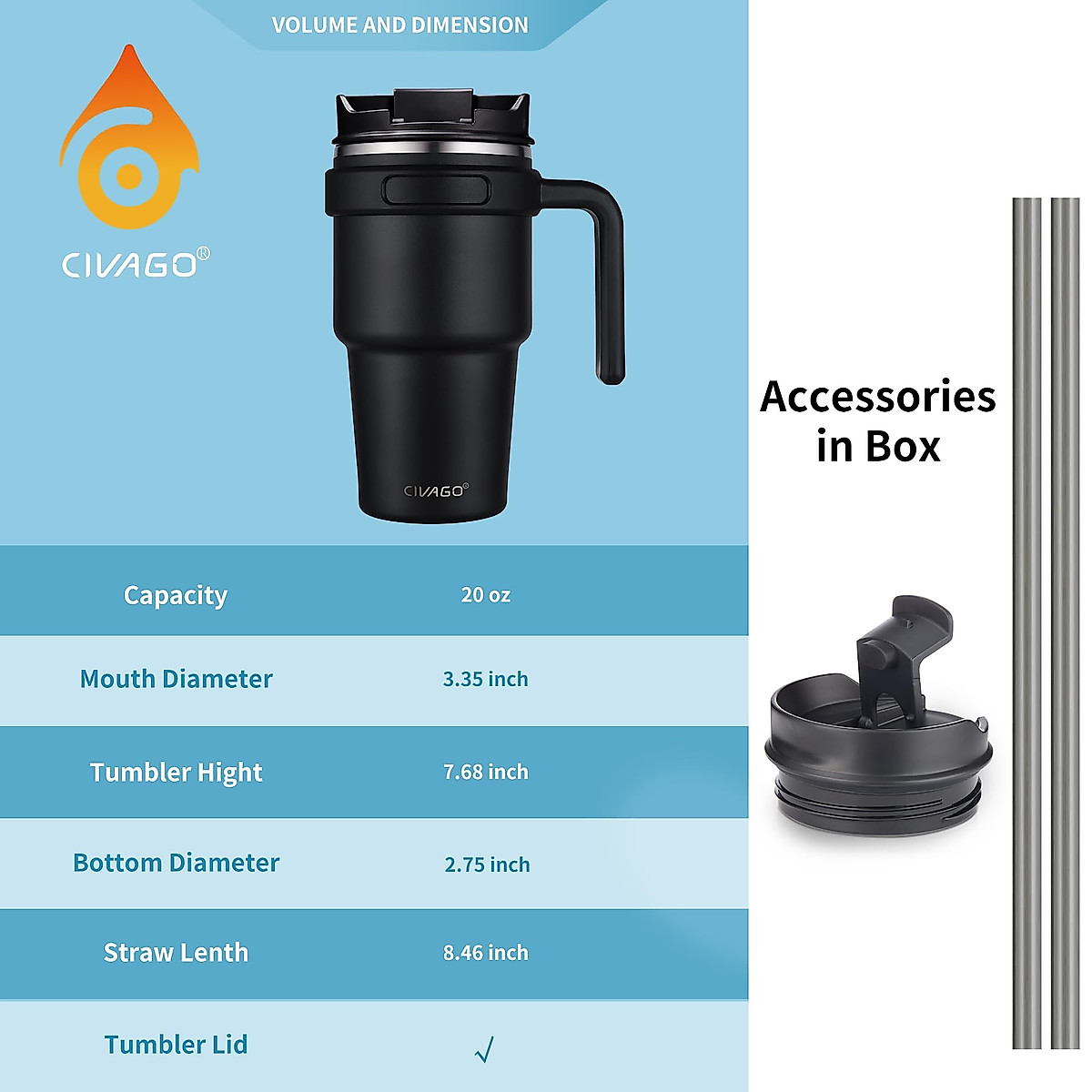 CIVAGO 20 oz Tumbler Mug with Lid and Straw, Insulated Travel Coffee Mug with Handle, Double Wall Stainless Steel Vacuum Coffee Tumbler, Thermal Coffee Cup, Flip lid, Dark Rainbow