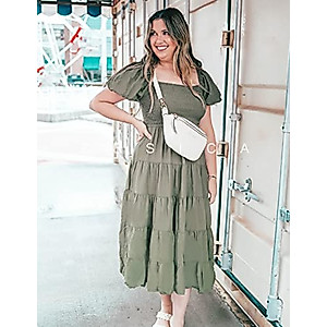 ZESICA Women's 2023 Summer Square Neck Short Puff Sleeve Solid Color High Waist Casual Smocked Flowy A Line Tiered Midi Dress,ArmyGreen,Small